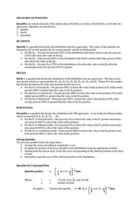 measures of position quartile decile and percentile for grouped and