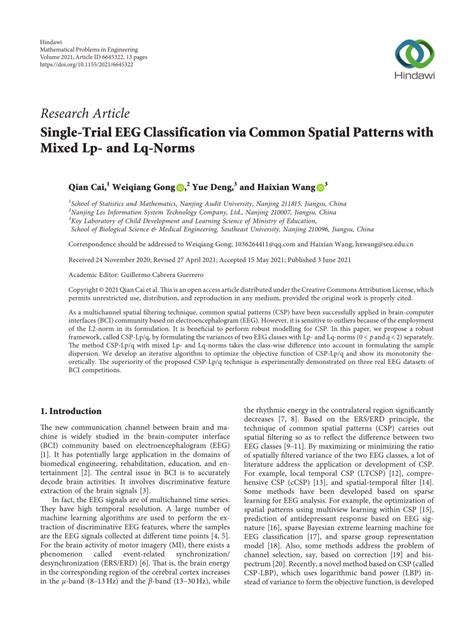 Pdf Single Trial Eeg Classification Via Common Spatial Patterns With Mixed Lp And Lq Norms