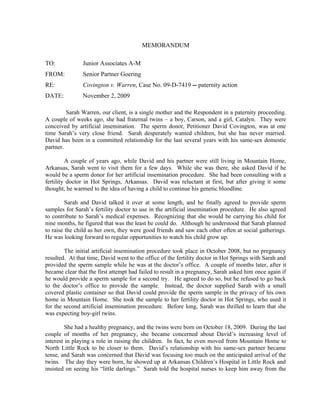 Fall Open Memo Assignment Ai Sperm Donor Paternity Rights A M DOC Reproductive Health