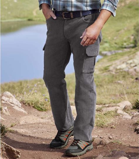 Mens Grey Corduroy Cargo Trousers Elasticated Waist Atlas For Men