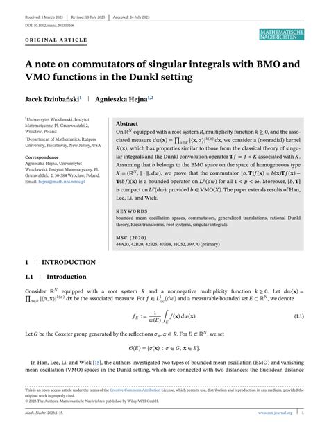 Pdf A Note On Commutators Of Singular Integrals With Bmo And Vmo Functions In The Dunkl Setting