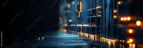 Futuristic Server Room Glowing With Data Transferring Complex