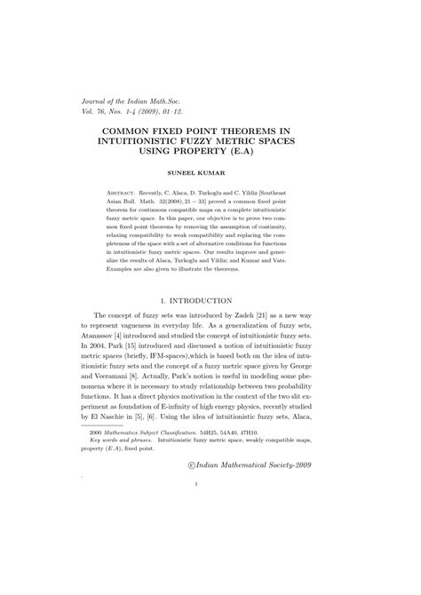 Pdf Common Fixed Point Theorems In Intuitionistic Fuzzy Metric Spaces