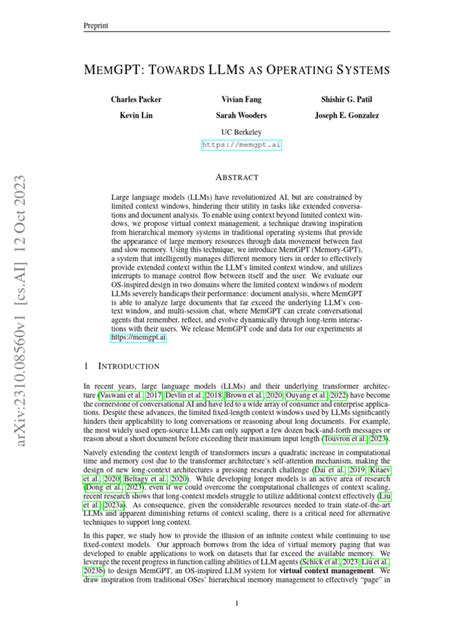 Memgpt Towards Llms As Operating Systems 231008560 Pdf