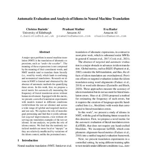 Automatic Evaluation And Analysis Of Idioms In Neural Machine Translation Acl Anthology