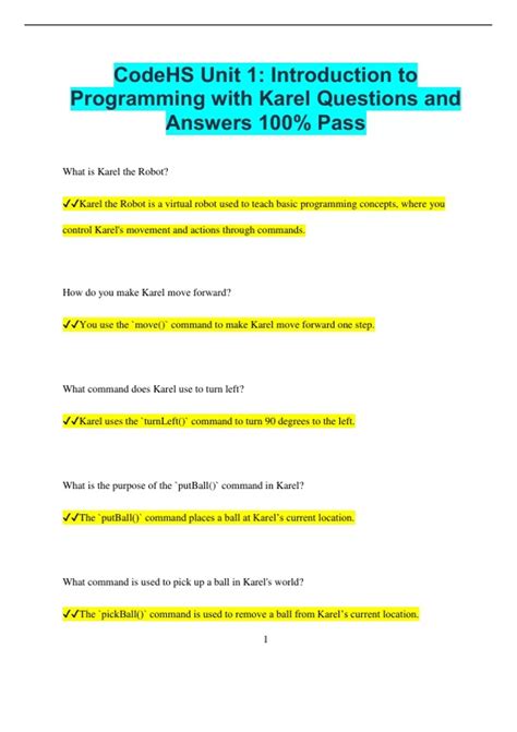 Codehs Unit 1 Introduction To Programming With Karel Questions And Answers 100 Pass Codehs