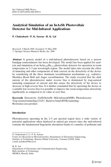 Pdf Analytical Simulation Of An Inassb Photovoltaic Detector For Mid