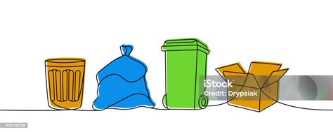 쓰레기 한 줄 색깔의 연속 도면 세트 쓰레기통 쓰레기 봉투 휴지통 판지 상자 연속 한 줄 다채로운 세트 그림 0명에 대한 스톡 벡터 아트 및 기타 이미지 Istock