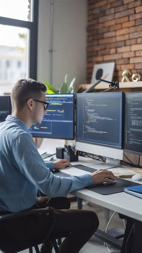 Professional Male Programmer Writing Code On Desktop Computer With