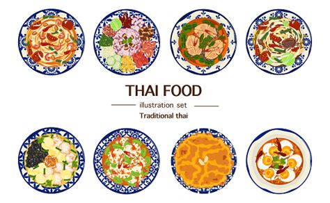 전통적인 태국 벡터 일러스트 레이 션의 세트 메인 식사와 단일 요리 맛있는 음식 배너 플랫 삶은 오렌지 쌀에 새우 페이스트를 섞은 요리 상단 View 메뉴 레스토랑 음식