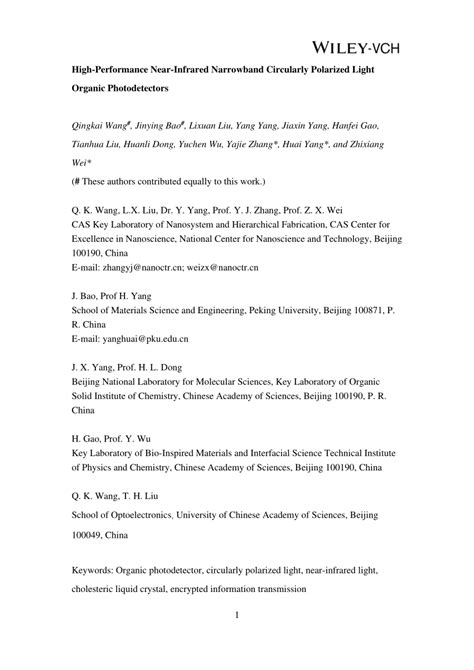 Pdf High Performance Near Infrared Narrowband Circularly Polarized Light Organic Photodetectors