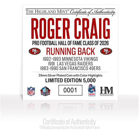Roger Craig 2026 Nfl Hall Of Fame Induction Silver Plated Coin