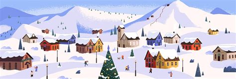 귀여운 집들이 있는 스키 리조트 마을의 겨울 풍경 사람들은 눈 덮인 산의 풍경과 함께 작은 마을의 거리를 걷습니다 바위가 있는 크리스마스 시골 내리막길 평면 벡터 일러스트