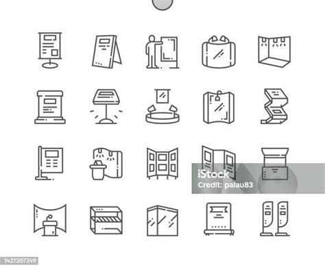 전시 스탠드 광고 및 프리젠 테이션 활 깃발 스노우 케이스 상업 박람회 디스플레이 픽셀 완벽한 벡터 얇은 선 아이콘 간단한 최소 픽토그램 아이콘에 대한 스톡 벡터 아트 및