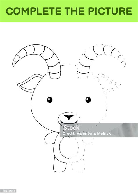 귀여운 염소의 사진을 완료합니다 색칠 공부 그림을 복사합니다 필기 연습 그리기 기술 훈련 인쇄 가능한 워크시트 를 개발하는 교육 활동 페이지입니다 만화 벡터 일러스트레이션