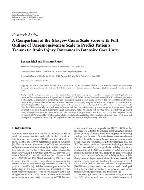 Pdf A Comparison Of The Glasgow Coma Scale Score With Full Outline Of Unresponsiveness Scale