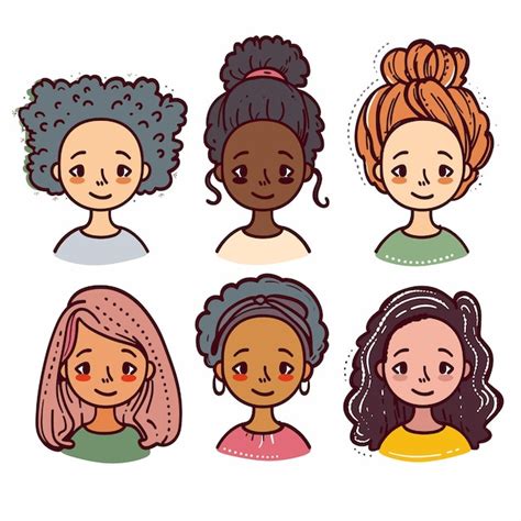 다양한 여성 캐릭터를 묘사하는 그래픽 일러스트레이션 다양한 헤어 스타일 얼굴 표정 프리미엄 벡터