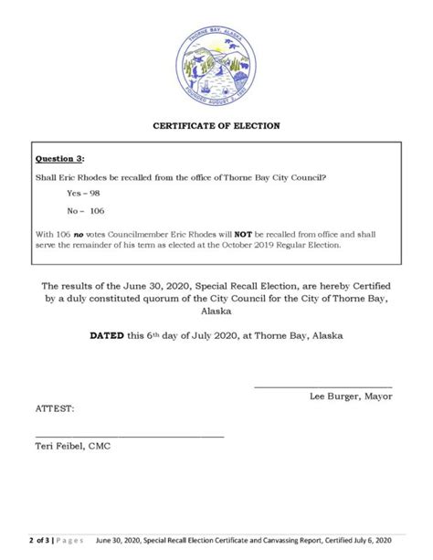 Certificate Of Election City Of Thorne Bay