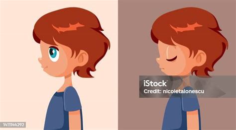 슬프고 행복한 소년 기분을 바꾸는 벡터 만화 일러스트 레이 션 쇼크에 대한 스톡 벡터 아트 및 기타 이미지 쇼크