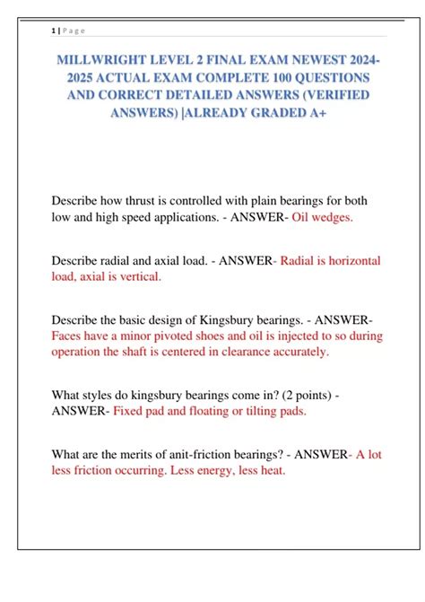 Millwright Level 2 Final Exam Newest Actual Exam Complete 100 Questions And Correct Detailed