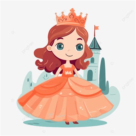 귀여운 공주 성 안의 소녀 만화 벡터 만화 여자 오렌지 드레스 핑크 수정 왕관 상표 클립 아트 Png 일러스트 및 벡터