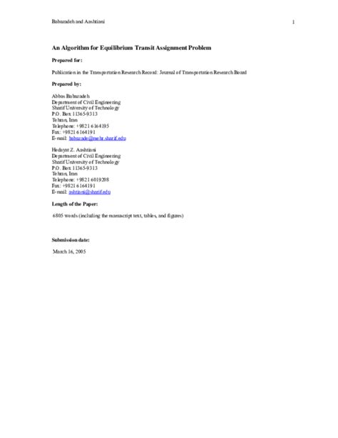 Pdf Algorithm For Equilibrium Transit Assignment Problem