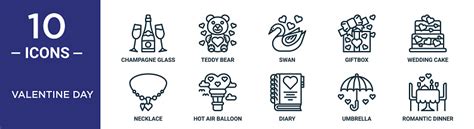 발렌타인 데이 개요 아이콘 세트에는 얇은 라인 샴페인 유리 백조 웨딩 케이크 열기구 우산 낭만적 인 저녁 식사 보고서 프리젠 테이션 다이어그램 웹 디자인을위한 목걸이