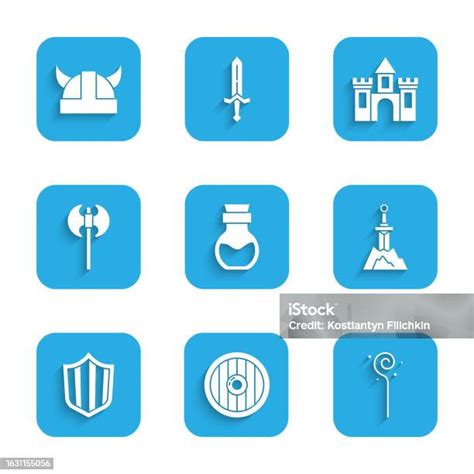 병 둥근 나무 방패 마법 지팡이 돌 검 방패 중세 도끼 성 요새 및 바이킹 뿔 헬멧 아이콘에 독을 넣으십시오 벡터 강철에 대한 스톡 벡터 아트 및 기타 이미지 Istock