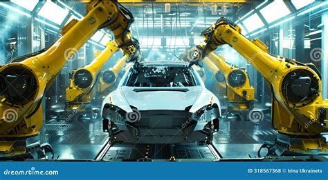 Automated Robotics Arms Assembling A Car In A High Tech Manufacturing Plant Industrial