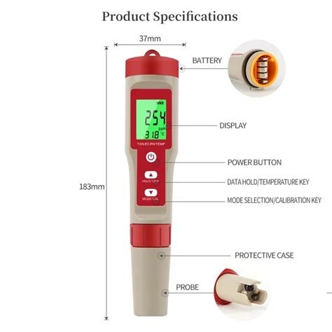 Професионален тестер за качество на водата 4 в 1 Ph Tds Ec температура преносим червен Emag Bg