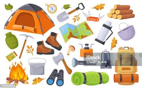 외출 장비 캠핑 장비 만화 여행 트레킹 스카우트 도구 하이킹 장비 모험 여행 배낭 텐트 캠프 객체 관광 여름 휴가 세트 깔끔한 벡터 일러스트 레이 션 저장고 일터에 대한