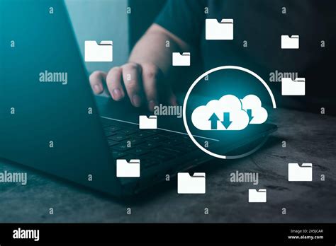 Woman Use Laptop With Cloud Computing Holographic Interface Connect Devices To Cloud Data