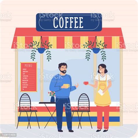 커피숍 메뉴 보드가 있는 거리 카페 남자는 뜨거운 음료를 주문하고 테라스에서 웨이트리스와 이야기합니다 고객에 대한 스톡 벡터