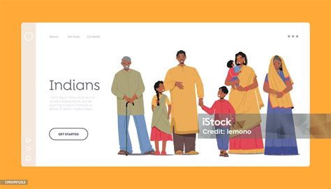 인디언 방문 페이지 템플릿 행복한 인도 가족 젊고 늙은 남성 여성 캐릭터 부모 조부모 및 어린이 십대에 대한 스톡 벡터 아트 및