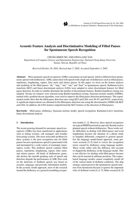 Pdf Acoustic Feature Analysis And Discriminative Modeling Of Filled Pauses For Spontaneous