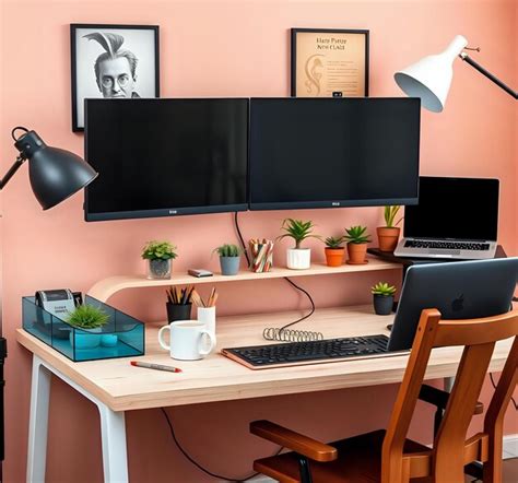 Multimonitor Workspace Setup With Laptops And Desk Organizers Premium