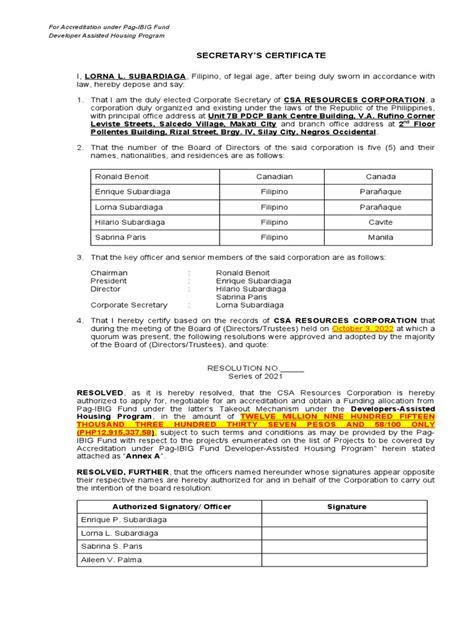 Secretarys Certificate Csa Pdf Notary Public Justice
