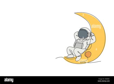 One Single Line Drawing Of Space Man Astronaut Exploring Cosmic Galaxy Leaning Relax On