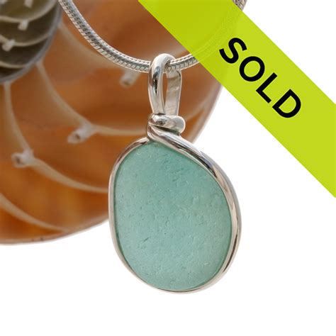 Jumbo Genuine Blue Sea Glass Necklace Pendant In Sterling Original Wire