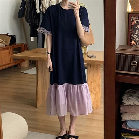 뮬리안 당일발송 ★월요특가 24★여름 시스루 배색 반팔 롱 원피스