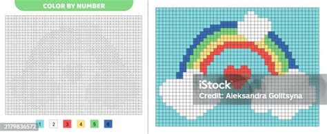 숫자로 색칠합니다 하늘에 무지개 픽셀 색칠 공부 번호가 매겨진 사각형 어린이를 위한 게임 0명에 대한 스톡 벡터 아트 및 기타