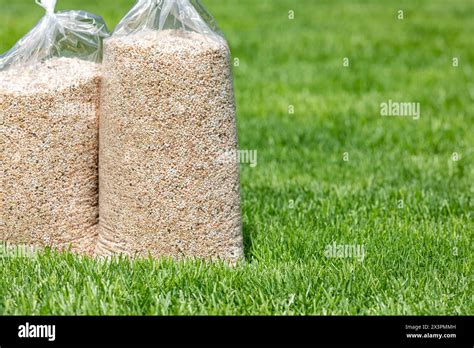 Bags Of Lawn Fertilizer And Herbicide In Yard With Healthy Grass Lawn