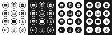 Set Clipboard With Graph Chart Briefcase And Coin Envelope User Manual Money Bag Diagram And