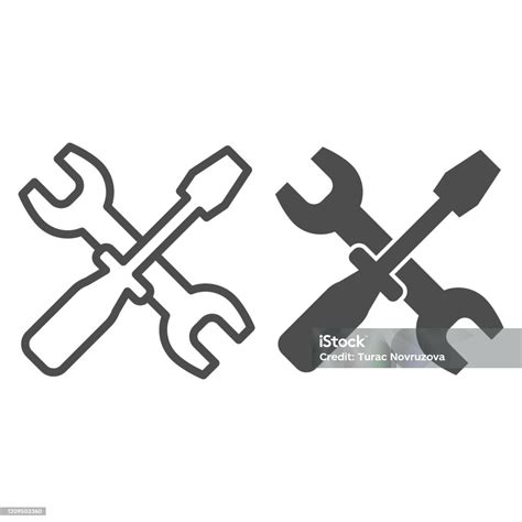 렌치 및 스크류 드라이버 라인과 글리프 아이콘 옵션 벡터 그림은 흰색으로 격리되어 있습니다 교차 수리 도구는 웹 및 응용 프로그램을 위해 설계된 스타일 디자인을 개요 Eps