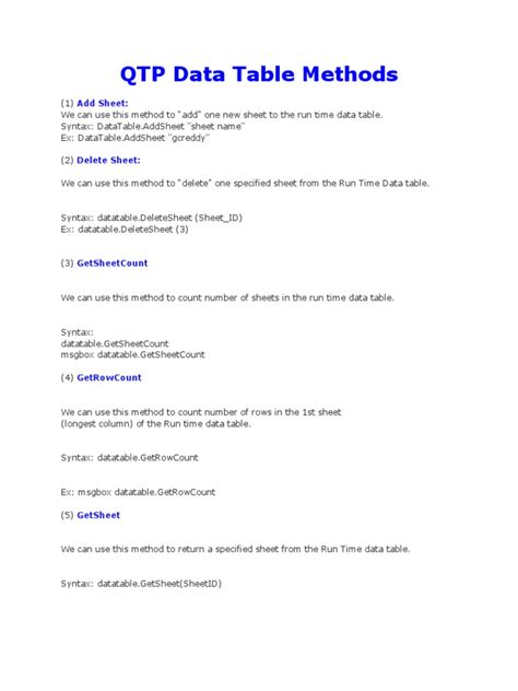 Qtp Data Table Methods Add Sheet Pdf Microsoft Excel Table