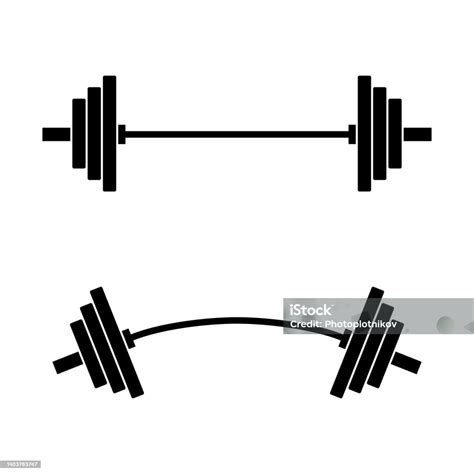 흰색 배경에 고립 된 직선 및 곡선 바벨 아이콘 역도 장비 보디 빌딩 체육관 크로스 핏 운동 피트니스 클럽 기호 스포츠 벡터 일러스트 레이 션 로고에 대한 스톡 벡터 아트