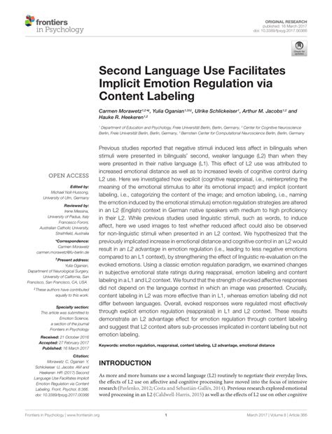 Pdf Second Language Use Facilitates Implicit Emotion Regulation Via