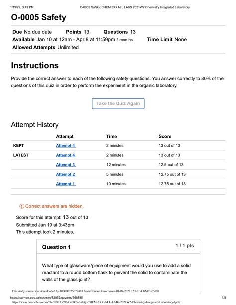 Chem 335 Integrated Chemistry Lab O 0005 Safety Chem 3xx All Labs