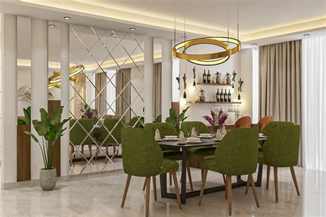 Spacious Contemporary Style Convenient Dining Room Design With Green Upholstered Chairs And