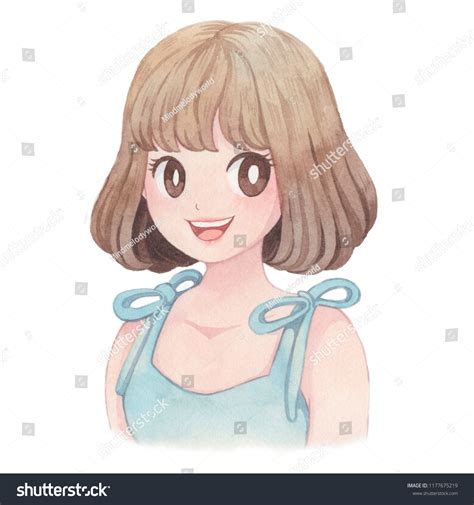 Cute Short Brown Hair Girl Blue Stock Illustration 1177675219